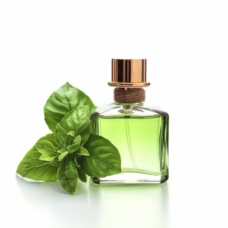 Perfume Bottle Stand with Basil Flower Patchouli Plant Isolated Stock ...