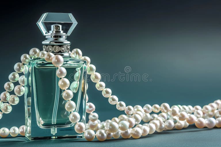 Perfume Bottle with String of Pearls Draped Over it Stock Image - Image ...