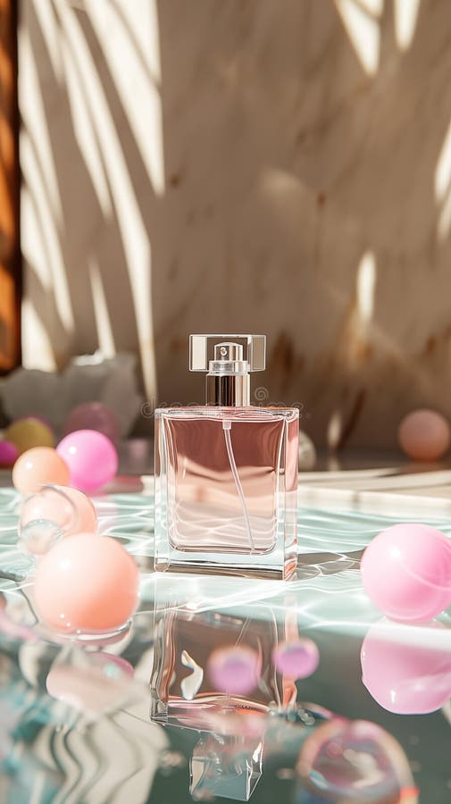 Perfume Bottle Surrounded by Pink Balls on Reflective Surface Stock ...