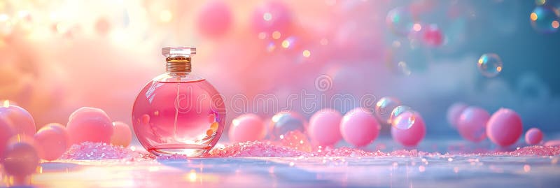 Perfume Bottle Surrounded by Pink Bubble on Colorful, Sparkling ...