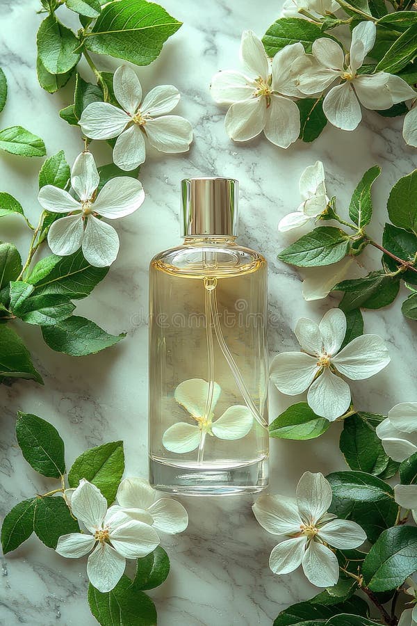 Perfume Bottle Surrounded by White Flowers on a Marble Surface Stock ...
