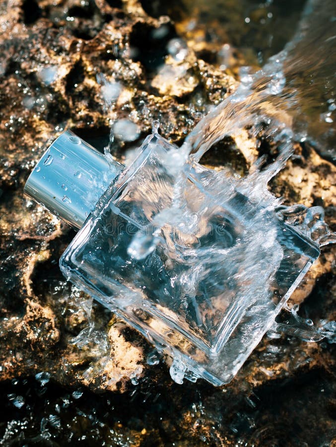 Perfume Bottle in Water Splashes on the Beach Stock Image - Image of ...