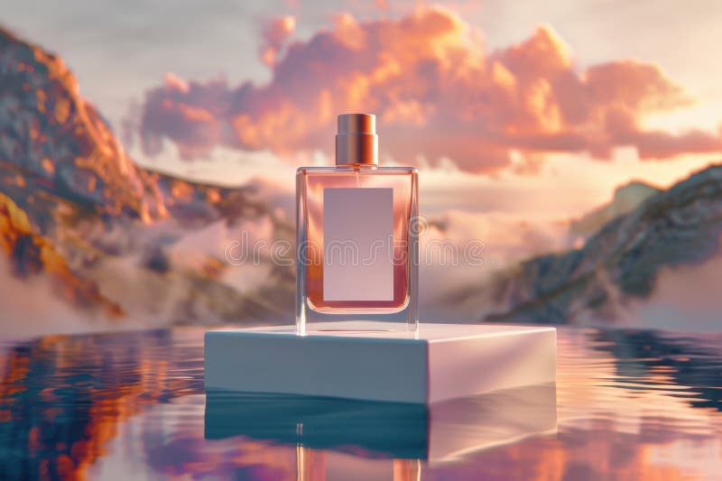 Perfume Bottle with White Blank Label Stands on Podium Stock Photo ...