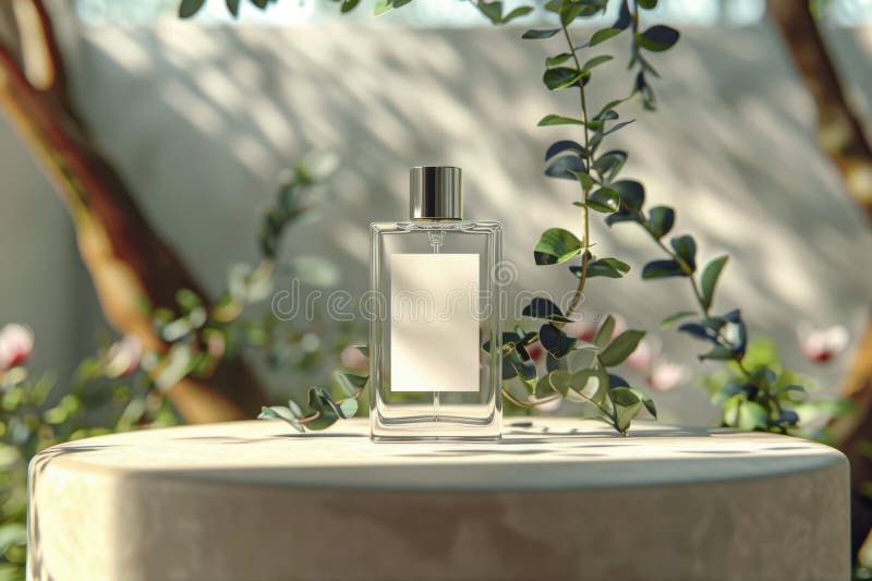 Perfume Bottle with White Blank Label Stands on Podium Stock Photo ...