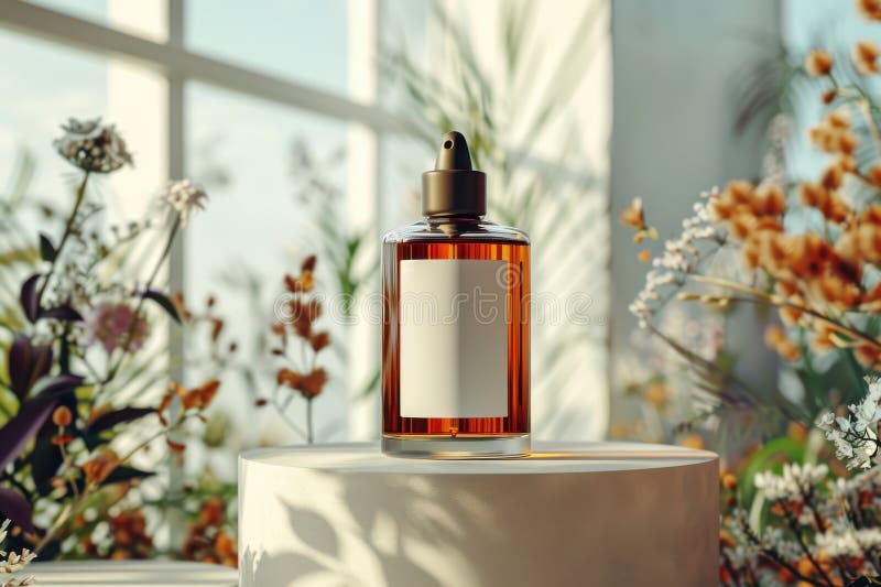 Perfume Bottle with White Blank Label Stands on Podium Stock Image ...