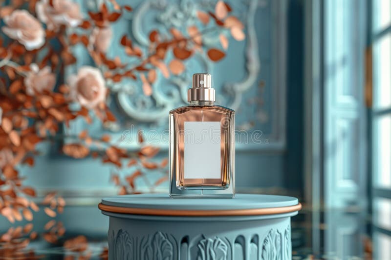 Perfume Bottle with White Blank Label Stands on Podium Stock Image ...