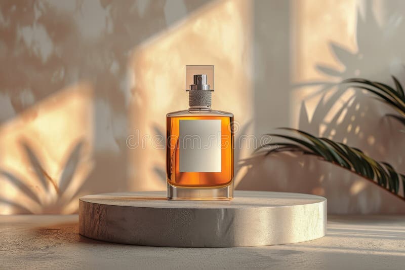 Perfume Bottle with White Blank Label Stands on Podium Stock Photo ...