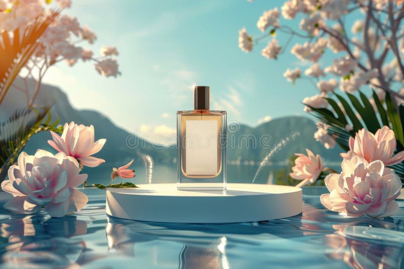 Perfume Bottle with White Blank Label Stands on Podium Stock Photo ...
