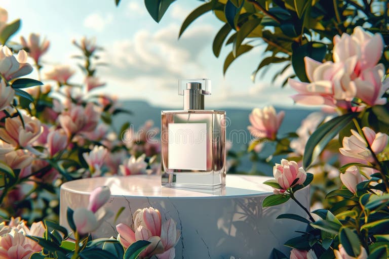 Perfume Bottle with White Blank Label Stands on Podium Stock Image ...