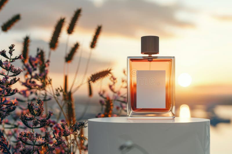 Perfume Bottle with White Blank Label Stands on Podium Stock Photo ...