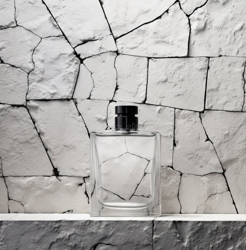 Perfume Bottle on White Shelf in Front of Stone Wall. Stock ...