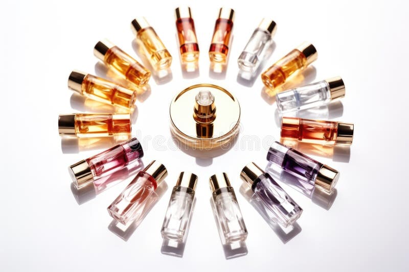 Perfume Bottles Arranged in a Circle on White Surface Stock Image ...
