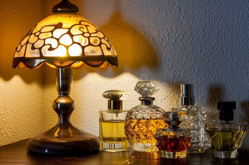 Perfume Bottles Arranged by Height Next To a Lit Dressing Table Lamp ...