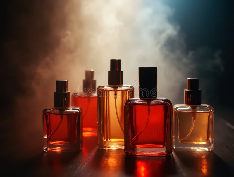 Perfume Bottles Collection Illuminated by Dramatic Lighting and Mist ...