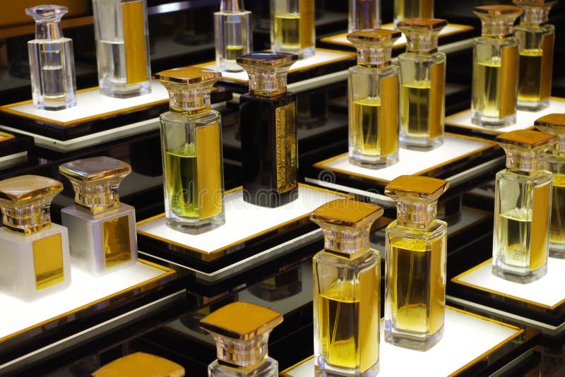 Perfume Bottles on a Display Stand, Symbol of Luxury. Stock Photo ...