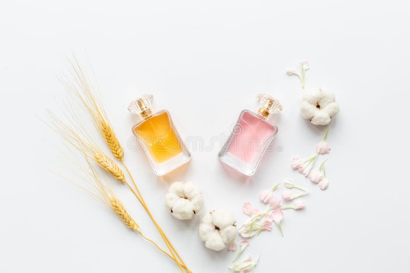 Perfume Bottles Flat Lay. Perfumery Cosmetics Fragrance Set Stock Photo ...