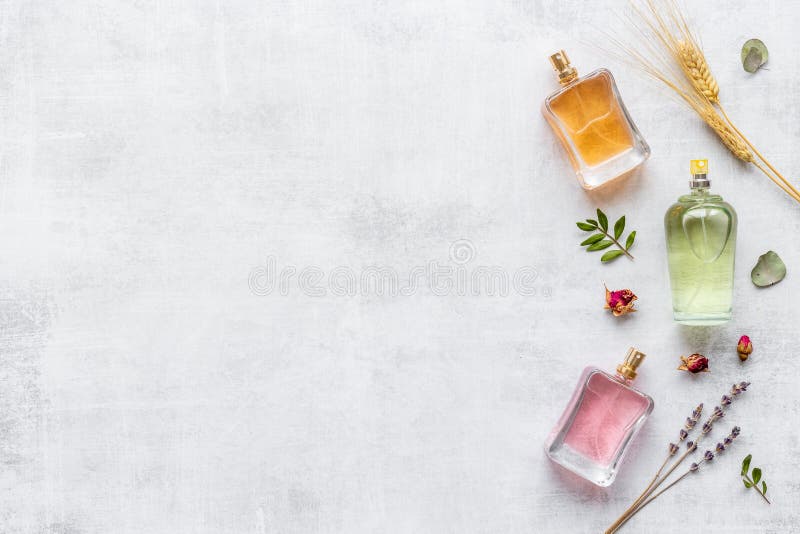 Perfume Bottles Flat Lay. Perfumery Cosmetics Fragrance Set Stock Photo ...