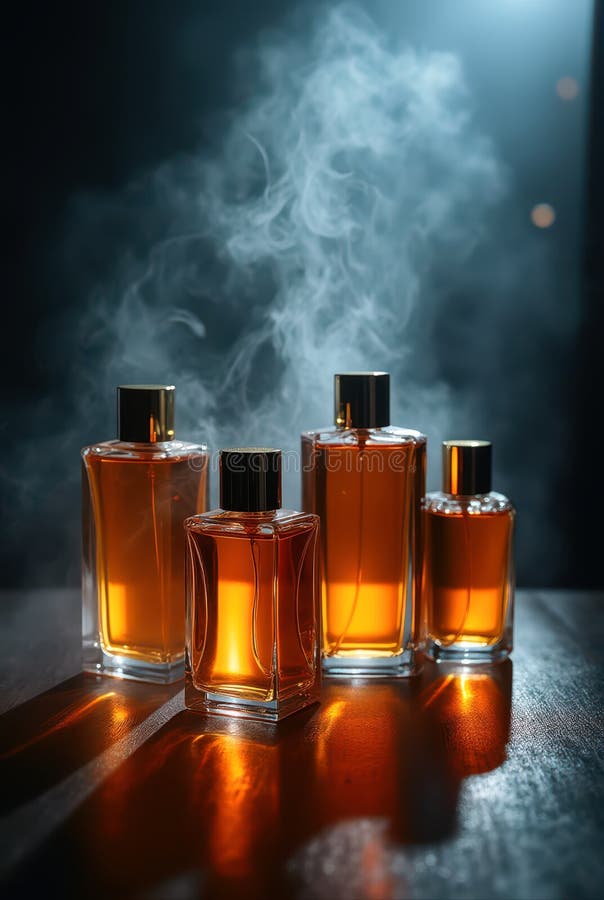Perfume Bottles Illuminated by Dramatic Lighting and Mist Creating a ...