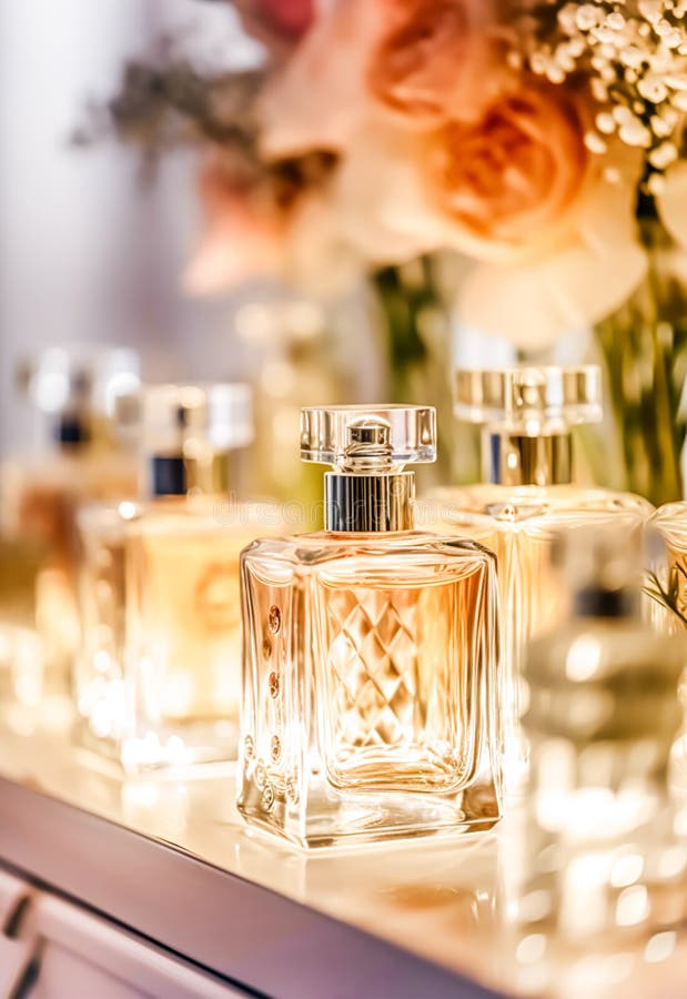 Perfume Bottles on a Luxury Vanity Table with Flowers. Generative AI ...