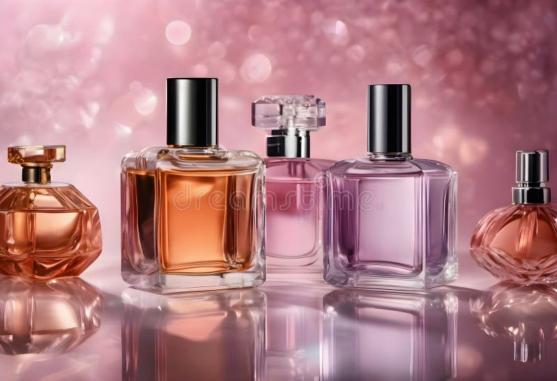 Perfume Bottles Stands on a Table with Pink and Purple Background Stock ...