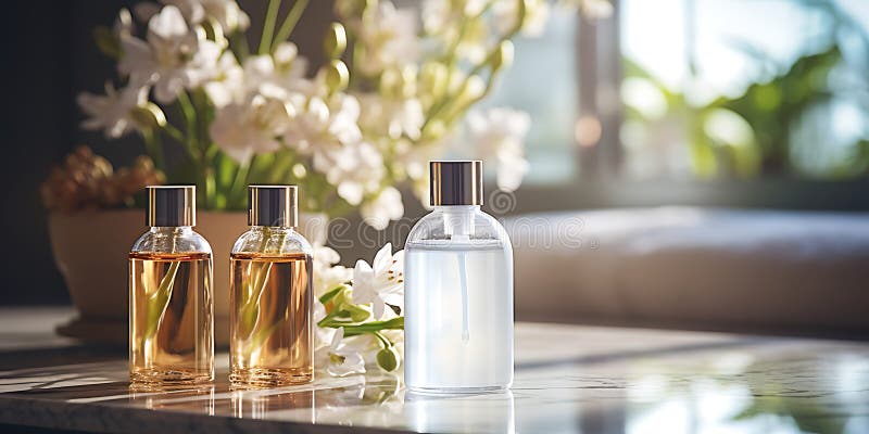 Perfume Bottles on Table in Modern Living Room with Flowers Stock ...