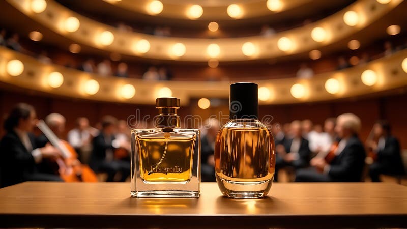 Perfume Bottles on Wooden Table in Concert Hall Stock Illustration ...