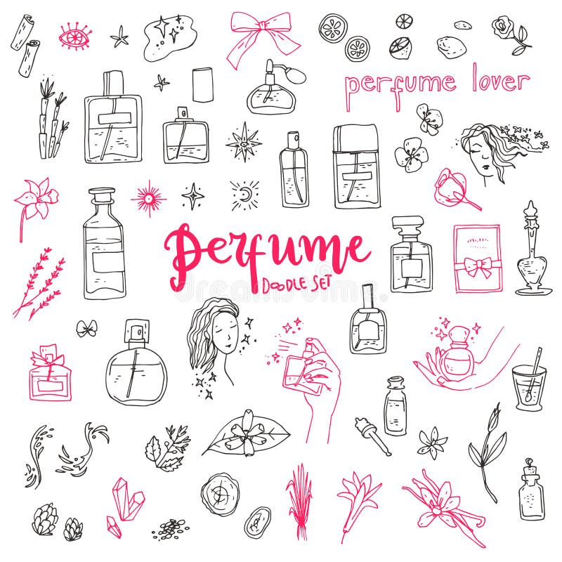 Perfume Doodle Set. Bottles, Ingredients and Decorative Elements ...