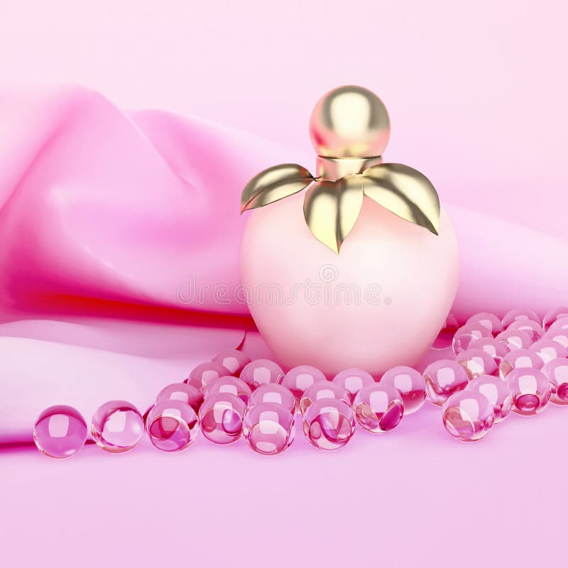 Perfume En Botellas De Vidrio Y Perlas De Vidrio En Rosa. Frasco De ...