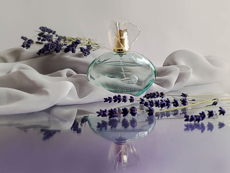Perfume with Lavender, Light Gray Scarf, Reflection from Objects Stock ...