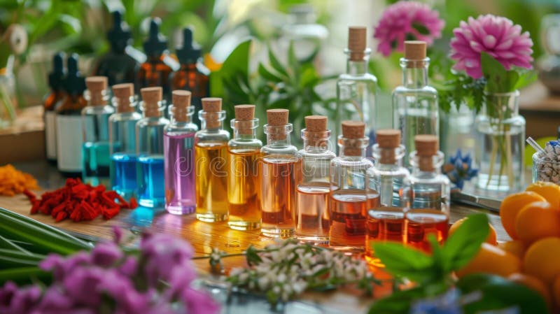 Perfume Making, Perfumers Workspace with Vibrant Perfume Ingredients in ...