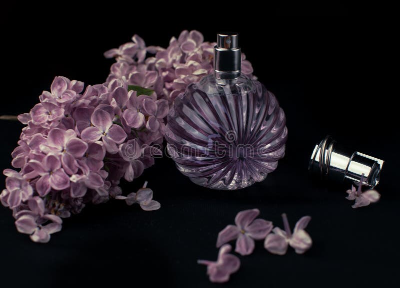 Perfume and purple flowers stock photo. Image of purple - 71839858