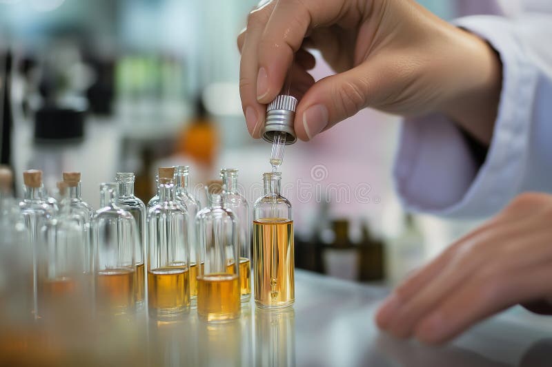 Perfumer Blending Fragrances in a Laboratory with Glass Vials and ...