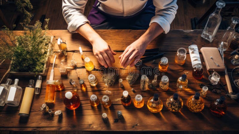 Perfumer at Work, Dropper Making Perfume in Glass Jar on Table. Table ...