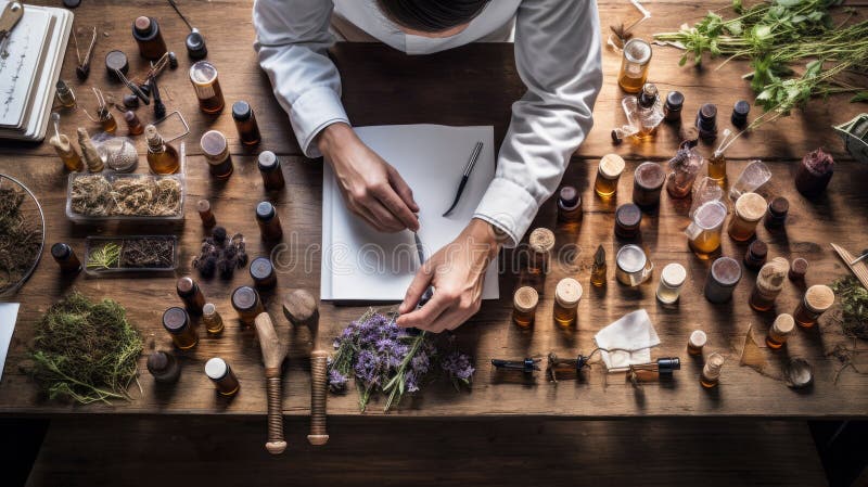 Perfumer at Work, Dropper Making Perfume in Glass Jar on Table. Table ...