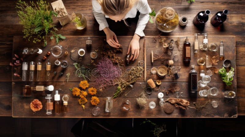 Perfumer at Work, Dropper Making Perfume in Glass Jar on Table. Table ...