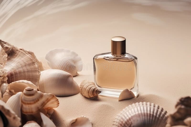 Perfumery and Summer Fragrance Concept with Perfume Bottle on a Sandy ...