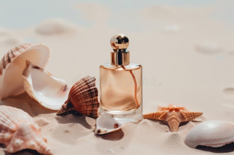 Perfumery and Summer Fragrance Concept with Perfume Bottle on a Sandy ...