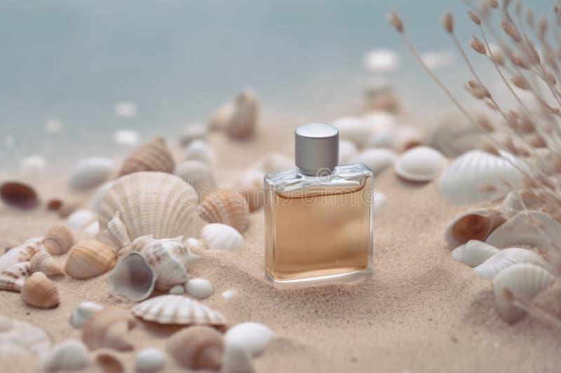 Perfumery and Summer Fragrance Concept with Perfume Bottle on a Sandy ...