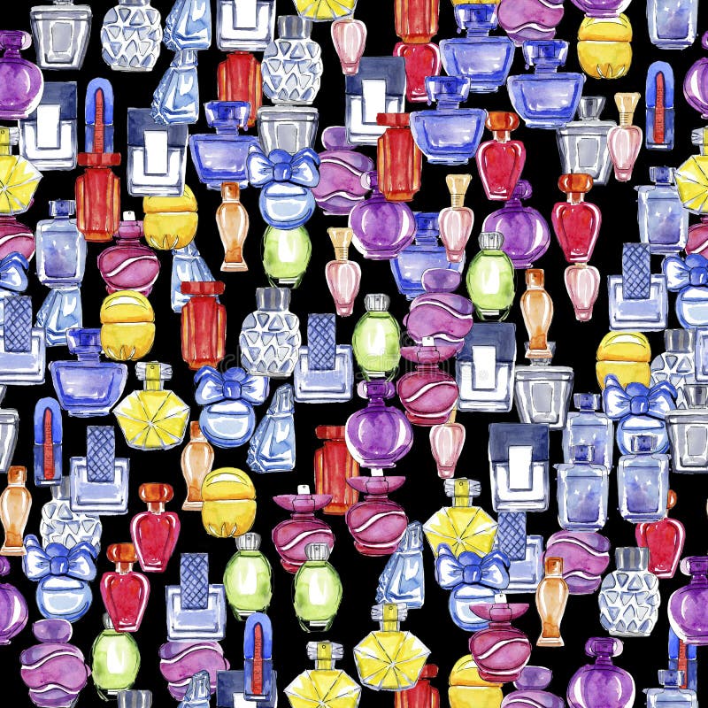 Perfumes Seamless Pattern on Black Background Stock Illustration ...