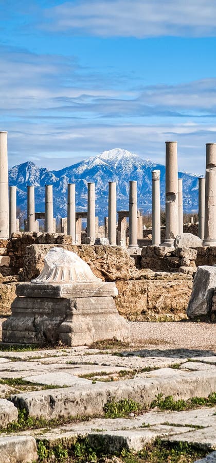 Perge Ancient City with a Snow Mountain on the Background Stock Image ...