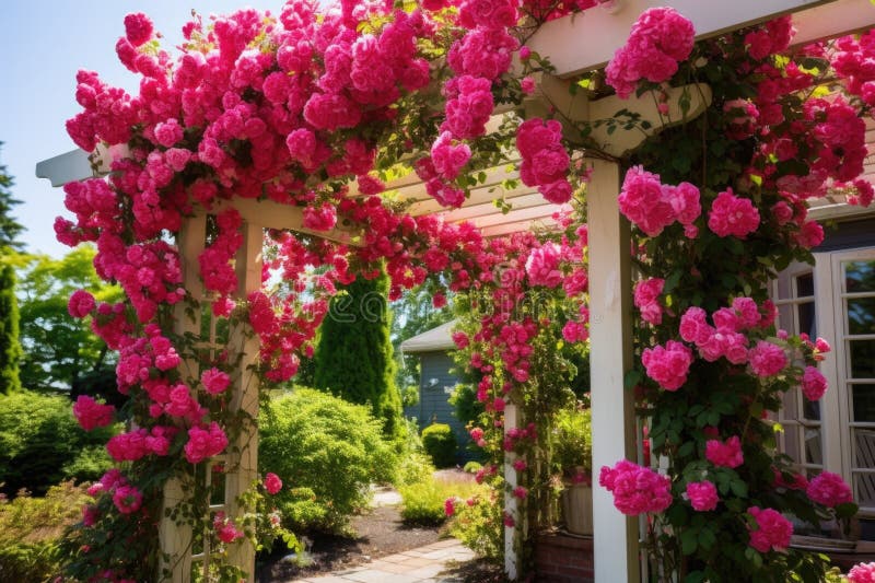 A Pergola with Climbing Roses in Full Bloom Stock Photo - Image of ...