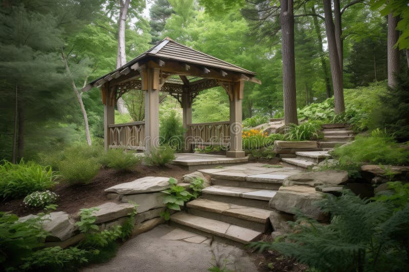 Pergola and Gazebo in Forest with Natural Stone Steps Stock ...