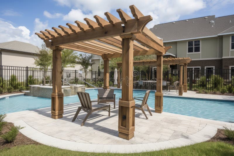 Pergola and Gazebo Over Pool Surrounded by Lounge Chairs Stock ...