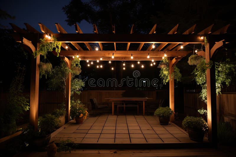 Pergola with Hanging Baskets and Lanterns, Lighting Up the Night Sky ...
