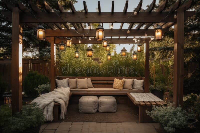 Pergola with Hanging Lanterns and Plush Outdoor Seating Stock ...