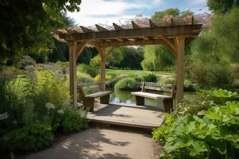 Pergola Overlooking the Garden and Pond, with Benches for Relaxing ...