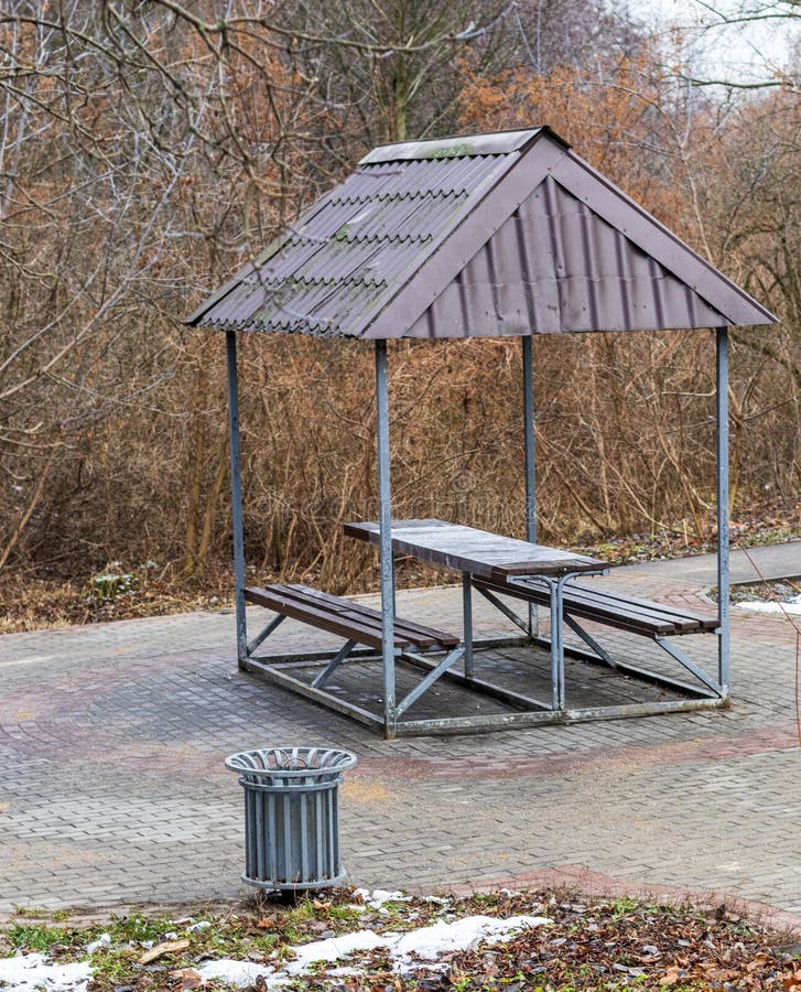 Pergola and Trash Bin in the Park. Outdoors Stock Image - Image of ...