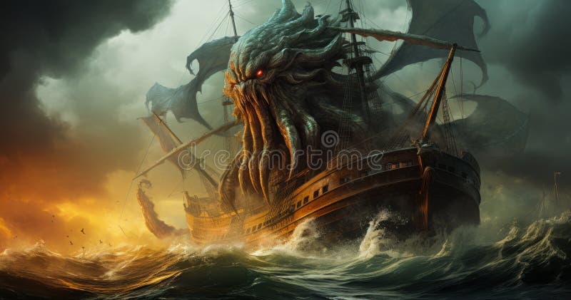 Perilous Encounter - Sea Monster Attacking a Sailing Ship Stock ...