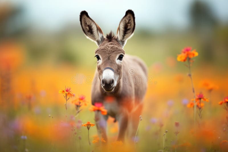 Perky-eared Donkey Amidst Spring Flowers in a Vibrant Meadow Stock ...