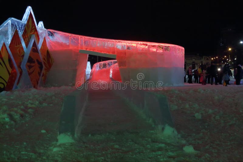 PERM, RUSSIA - JAN 11, 2014: Illuminated Red Ice Slide Editorial Photo ...